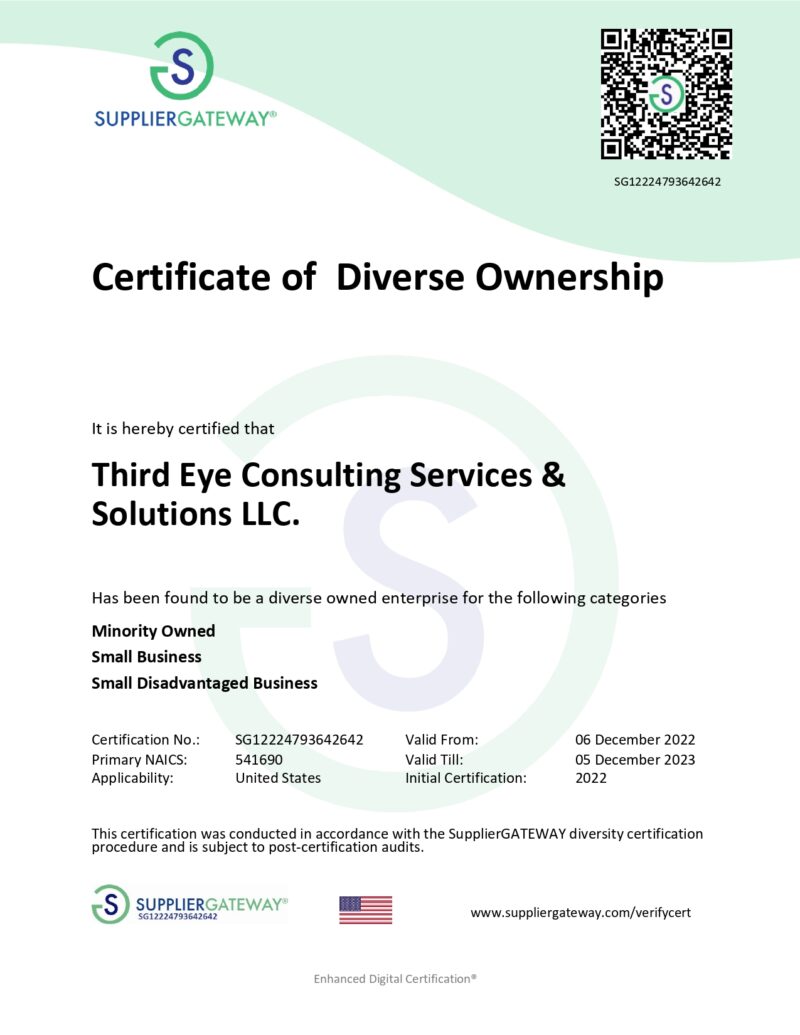 SupplierGATEWAY Diverse Ownership Certificate: ThirdEye Data